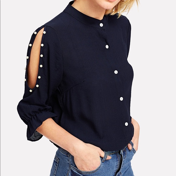 Tops | Split Sleeve Button Down W Faux Pearl Detail | Poshmark
